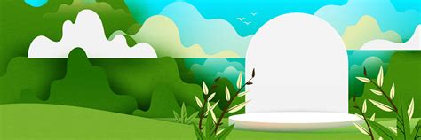 3d 용지 절단 추상 최소 기하학적 모양 템플릿 배경 녹색 자연 풍경 배경에 흰색 실린더 연단 벡터 그림입니다 녹색에 대한 스톡