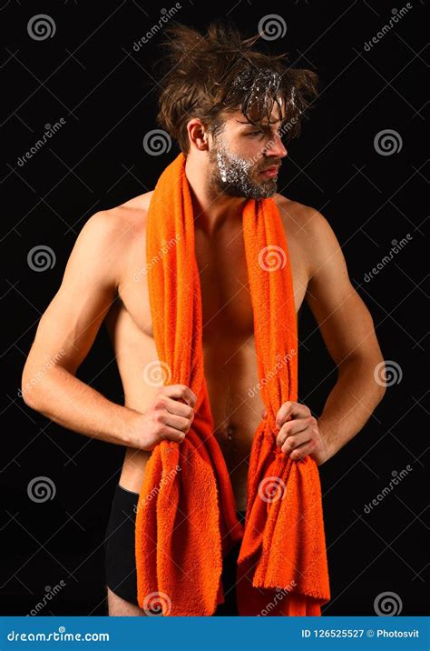Body Care Man With Orange Towel On Neck Ready To Take Shower Macho