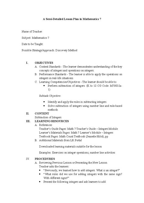 Mathematics 7 Lesson Plan Subtraction Of Integers Studocu