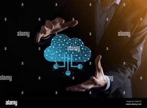 Cloud Technology Polygonal Wireframe Cloud Storage Sign With Data Collection Icon On Dark Blue