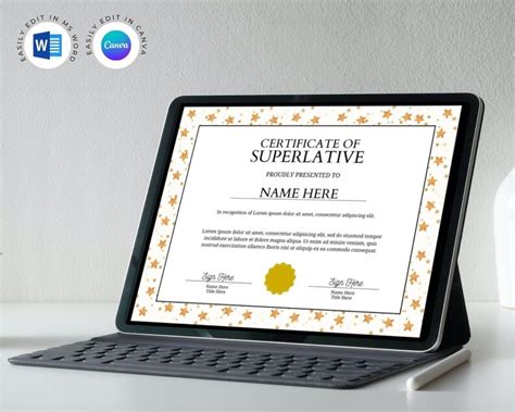 Editable Certificate Of Superlative Award Template Printable