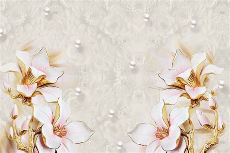 پارسه کاغذ و پوستر دیواری 3d گل های سفید و طلایی و مرواردید در زمینه طرح گل