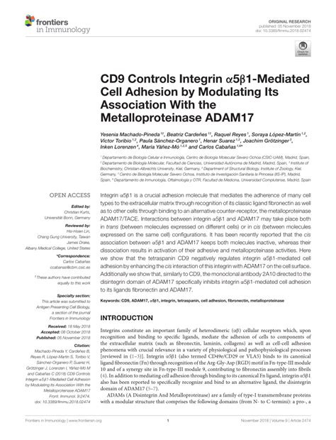 Pdf Cd9 Controls Integrin α5β1 Mediated Cell Adhesion By Modulating Its Association With The