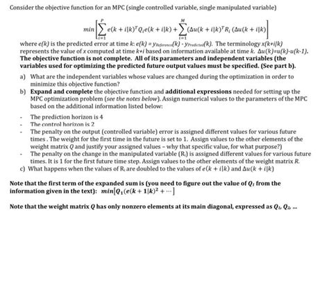 Solved Consider The Objective Function For An Mpc Single