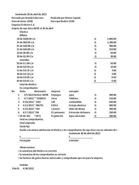 Ejercicio 2 De Arqueo De Caja Chica Pdf