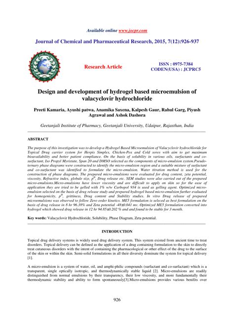 Pdf Design And Development Of Hydrogel Based Microemulsion Of Valacyclovir Hydrochloride