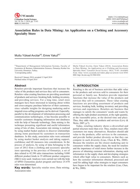 Pdf Association Rules In Data Mining An Application On A Clothing And Accessory Specialty Store