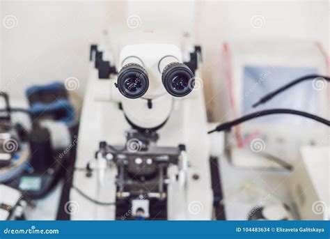Metallographic Microscope Used For Metall`s Surface Investigation Stock