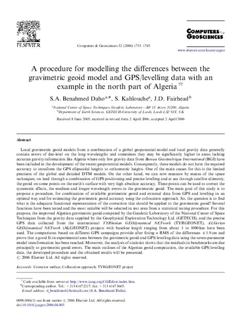 Pdf A Procedure For Modelling The Differences Between The Gravimetric Geoid Model And Gps