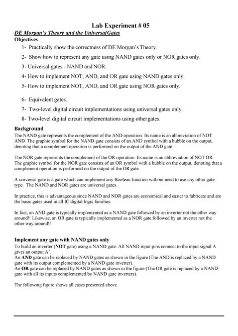 CS302 Lab Manual Week No Lab Experiment 05 DE Morgans Theory And The Universal Gates