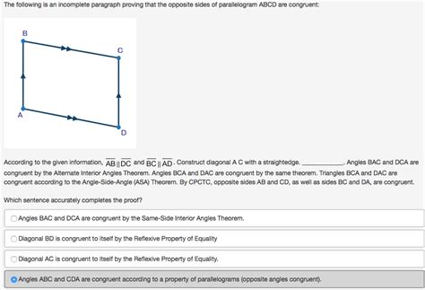 Solved The Following Is An Incomplete Paragraph Proving That