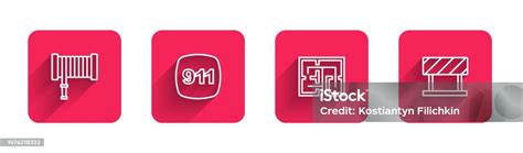 라인 소방 호스 릴 긴급 전화 911 대피 계획 및 긴 그림자가 있는 도로 장벽을 설정합니다 빨간색 사각형 버튼 벡터 경계 표지에 대한 스톡 벡터 아트 및 기타 이미지