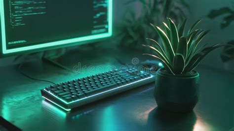 programmer desk setup with plant keyboard and monitor showing code in green light stock footage