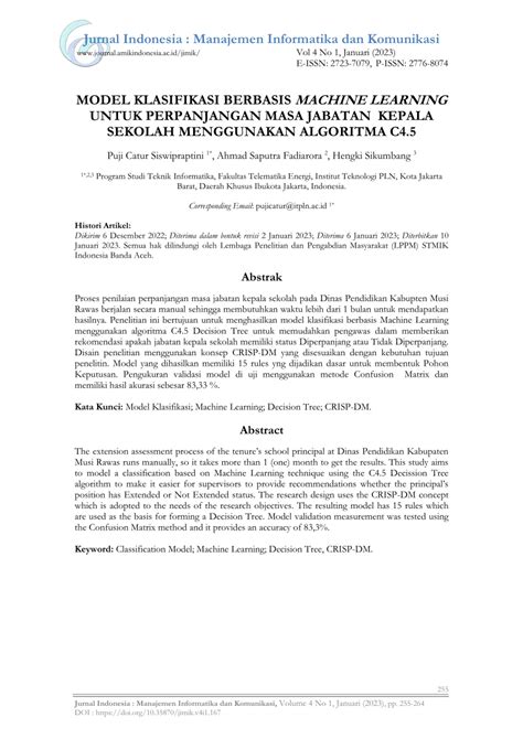 Pdf Model Klasifikasi Berbasis Machine Learning Untuk Perpanjangan Masa Jabatan Kepala Sekolah