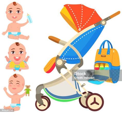 유모차 근처에서 어린이 세트를 놀고 먹는 것 아이들을 타기위한 마차 및 젖병이있는 배낭 개인 장식품에 대한 스톡 벡터 아트 및 기타 이미지 개인 장식품 걷기 교통수단