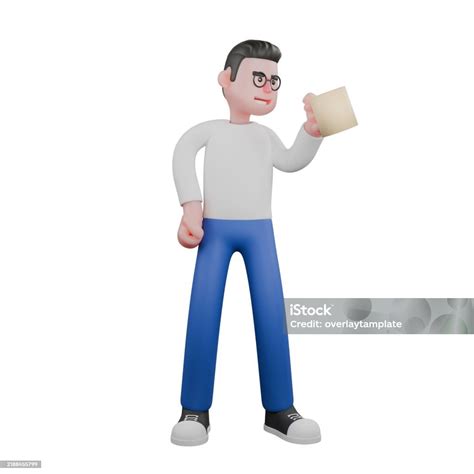 전문 만화 비디오 편집 3d 모델 남성 영상 편집자가 왼손에는 커피잔을 들고 오른손은 허리에 얹고 서 있다 일러스트레이션 디자인 3차원 형태에 대한 스톡 사진 및 기타