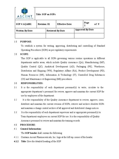 Sop Template Pdf Quality Assurance Times New Roman