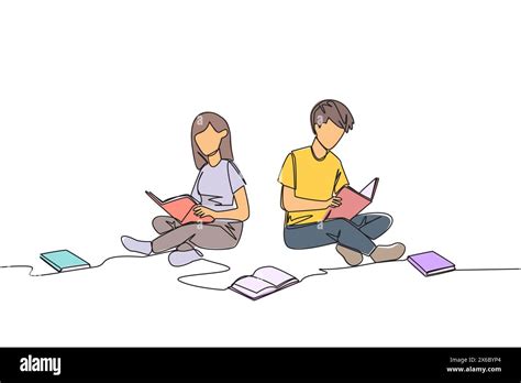 Single Continuous Line Drawing Man Woman Sitting Relaxed In Library