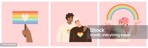 Lgbt 컬렉션 동성애자 관계 동성애자 프라이드 퍼레이드에 대한 일러스트레이션 세트 Lgbtq 운동 개념 깃발을 들고 있는 손 무지개 심장 기호 Pride Lgbtqi