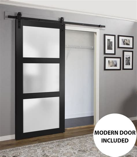 Slab Barn Door Panel Frosted Glass Lucia 2552 Matte Black Sturdy Finished Doors Pocket