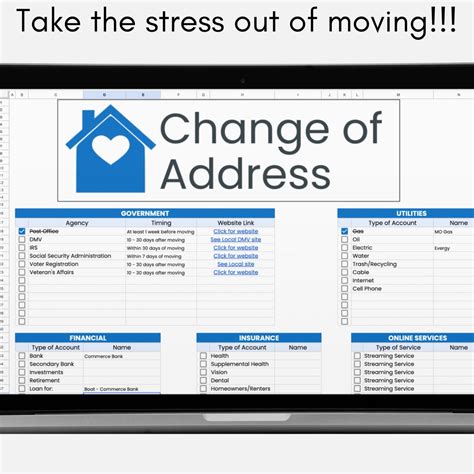 Change Of Address Checklist Moving Spreadsheet Moving Change Of Address Checklist Change Of