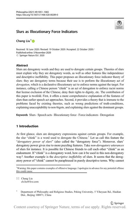 Slurs As Illocutionary Force Indicators Request Pdf