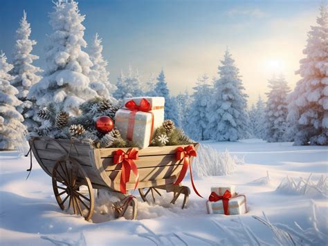 무료 사진 소박한 나무 썰매 눈 속의 크리스마스와 새해를 위한 선물로 가득 찬 카트 복고풍 인사말 카드