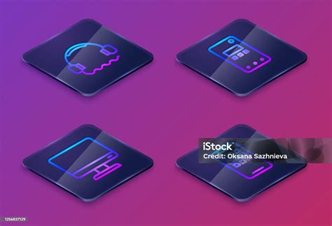 등산화 라인 헤드폰 컴퓨터 모니터 화면 모바일 및 를 설정합니다 파란색 정사각형 버튼 벡터 3차원 형태에 대한 스톡 벡터 아트 및 기타 이미지 Istock