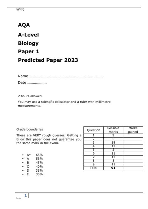 AQA A Level Biology Paper 1 Predicted Paper 2023 Questions With Mark Schemes AQA A Level