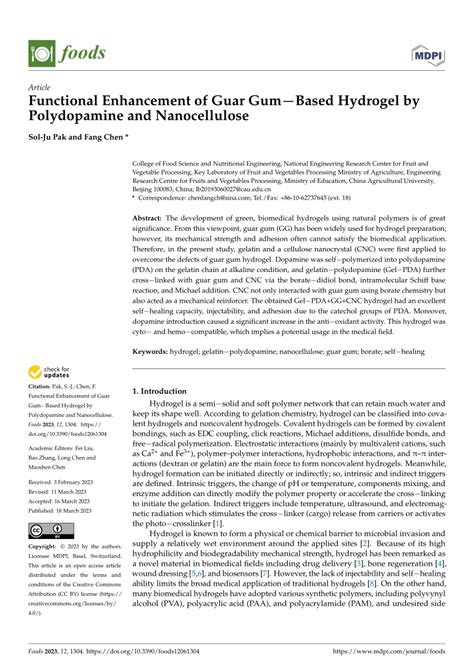 Pdf Functional Enhancement Of Guar Gum−based Hydrogel By Polydopamine And Nanocellulose