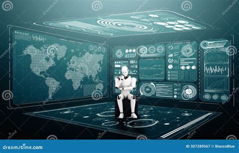 Xai Thinking Ai Humanoid Robot Analyzing Hologram Screen Showing Concept Big Data Stock