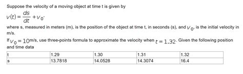 Solved Suppose The Velocity Of A Moving Object At Time T Is Chegg