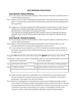 Lab Worksheet Lab Worksheet Lab Worksheet Case Study Harlows Monkeys Imagine You