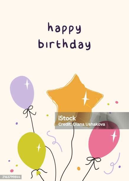 풍선과 색종이 조각이 있는 생일 축하 카드 서예와 인사말 카드 심플한 스타일의 귀엽고 우아한 벡터 일러스트 레이 션 템플릿 귀여운에 대한 스톡 벡터 아트 및 기타 이미지