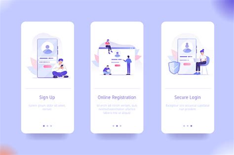 가입 온라인 등록 및 보안 로그인을 위한 응용 프로그램 디자인 세트입니다 탑승 화면 디자인에 Ui 모바일 앱 템플릿입니다 사용자 인터페이스를 위한 최신 벡터 일러스트레이션