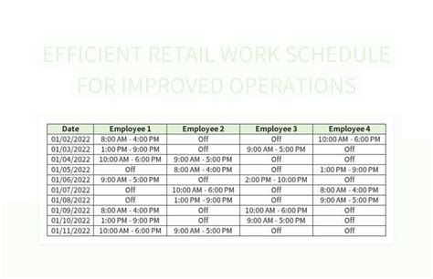Efficient Retail Work Schedule For Improved Operations Excel Template Free Download Pikbest