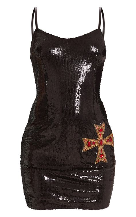 Black Sequin Embellished Bodycon Dress Prettylittlething Aus
