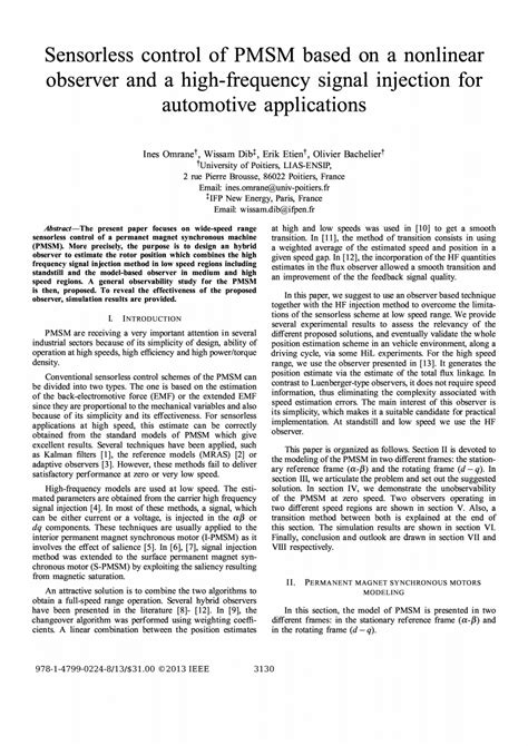 Pdf Sensorless Control Of Pmsm Based On A Nonlinear Observer And A High Frequency Signal