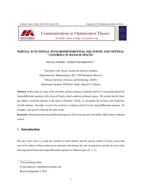 Pdf Partial Functional Integrodifferential Equations And Optimal Controls In Banach Spaces