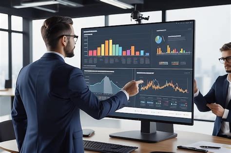 a man in a suit points at a computer screen with graphs and charts