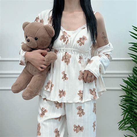 3세트 테디베어 캐릭터 면 민소매 가운 잠옷 세트 에이블리