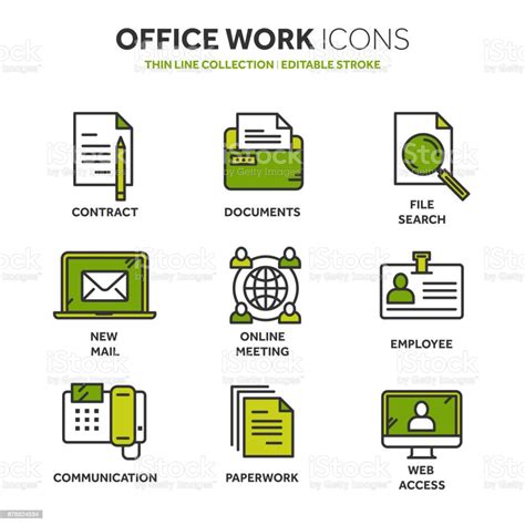 비즈니스 및 사무실 작품입니다 문서 서류입니다 실업 가입니다 얇은 선 블루 웹 아이콘 설정합니다 개요 아이콘 컬렉션입니다 벡터 일러스트 레이 션 개체 그룹에 대한 스톡 벡터