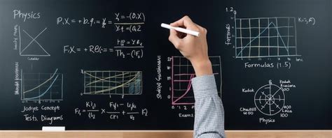 Hand Writes Scientific Formulas And Graphs On A Blackboard With Chalk