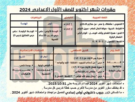 امتحانات شهر اكتوبر للصف الاول الاعدادي 2024 لجميع المواد