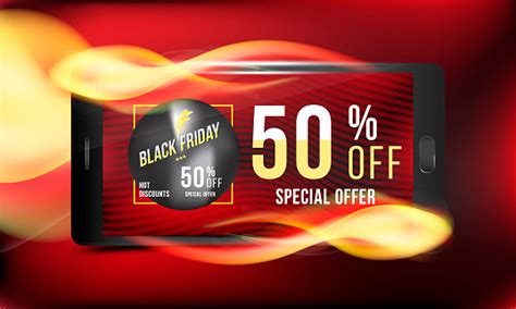 검은 금요일 할인에서 50입니다 개념 광고 포스터 슈퍼 판매와 스마트폰 뜨거운 할인 배너 및 컬러 배경 조명 효과와 현실적인 화재 벡터 일러스트 Eps 10 가격에 대한