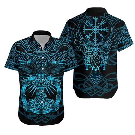 Nordic Warrior Viking Mjolnir Hawaiian Shirt Celtic Raven Version Blue