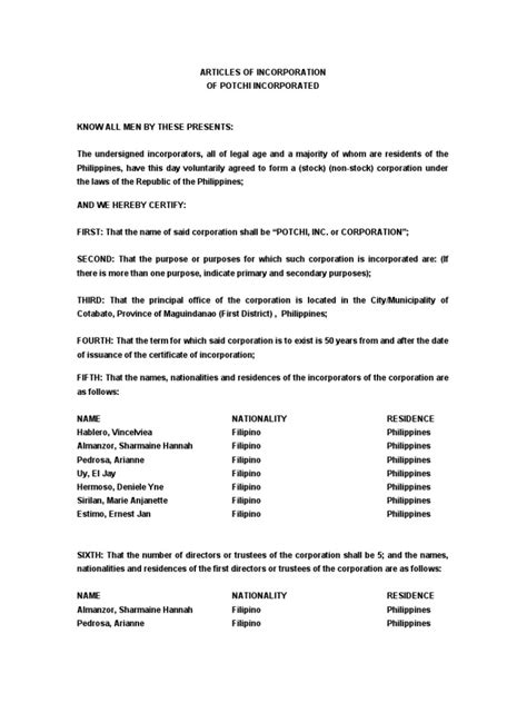 Articles Of Incorporation For Potchi Inc Pdf Corporations