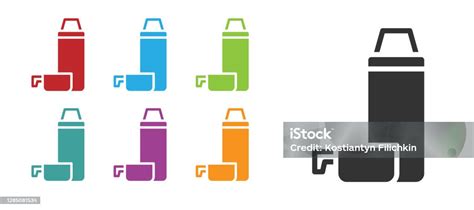 흰색 배경에 격리된 검은색 보온병 컨테이너 아이콘입니다 열 플라스크 아이콘 캠핑 및 하이킹 장비 다채로운 아이콘을 설정합니다 벡터 0명에 대한 스톡 벡터 아트 및 기타