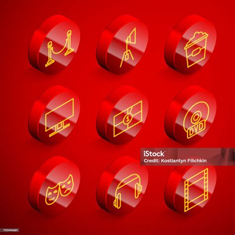 세트 라인 로프 장벽 영화 스포트라이트 상자에 팝콘 스마트 Tv 오래된 영화 영화 카운트 다운 프레임 Cd Dvd 디스크 코미디 및 비극 마스크 및 헤드폰 아이콘 벡터 0