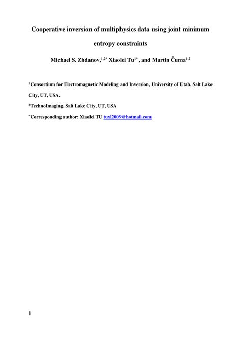 pdf cooperative inversion of multiphysics data using joint minimum entropy constraints